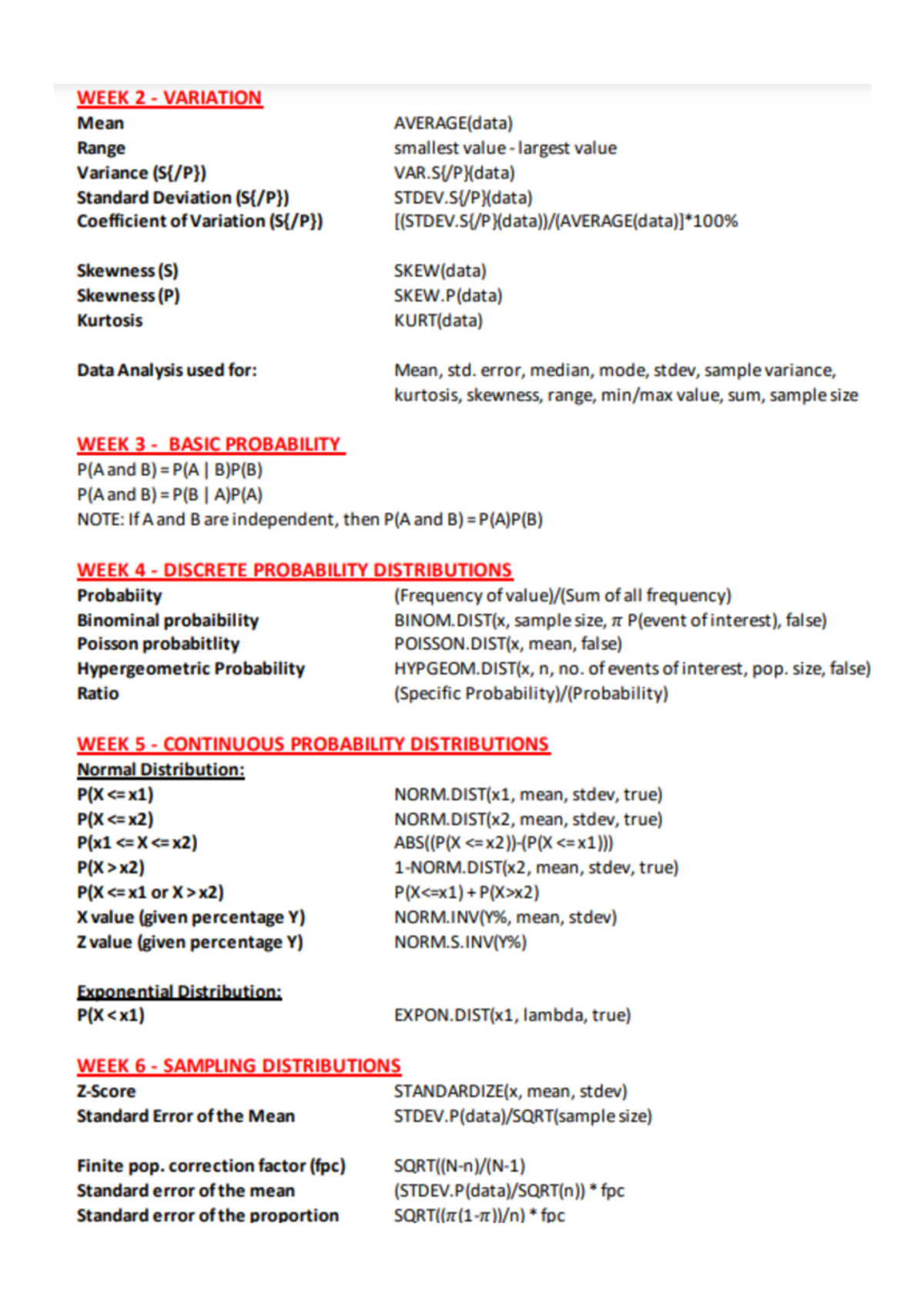 Excel Formulas - Summary Quantitative Business Analysis - BUSS1020 - Studocu