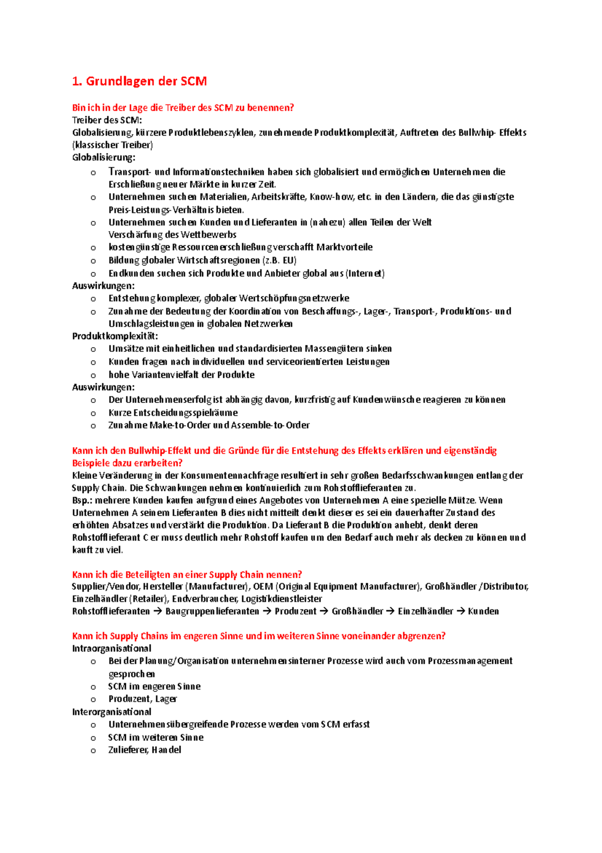 SCM - Lernkontrollaufgaben - 1. Grundlagen der SCM Bin ich in der Lage ...