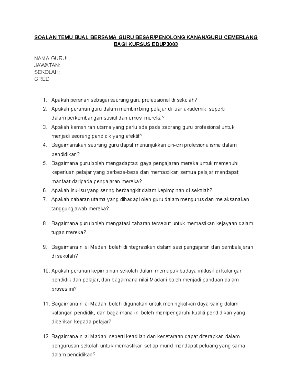 Soalan TEMU BUAL - SOALAN TEMU BUAL BERSAMA GURU BESAR/PENOLONG KANAN ...