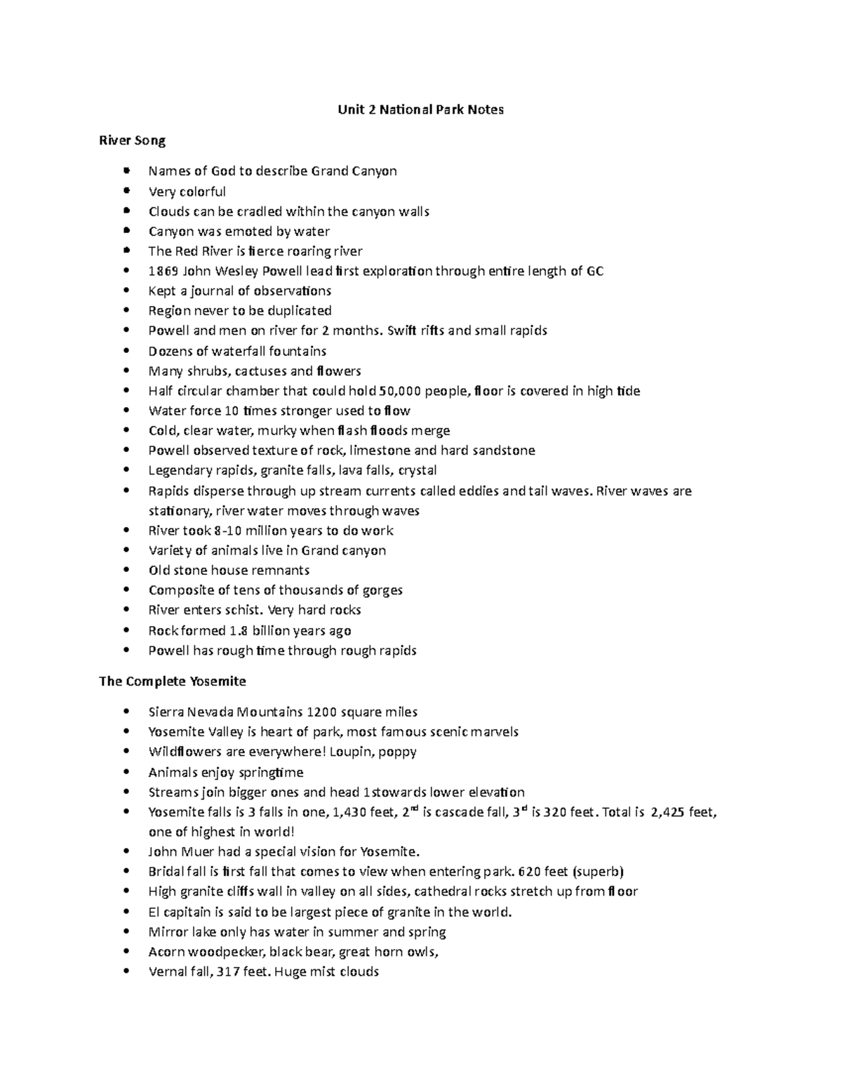 National Park Notes Unit 2 - Unit 2 National Park Notes River Song ...