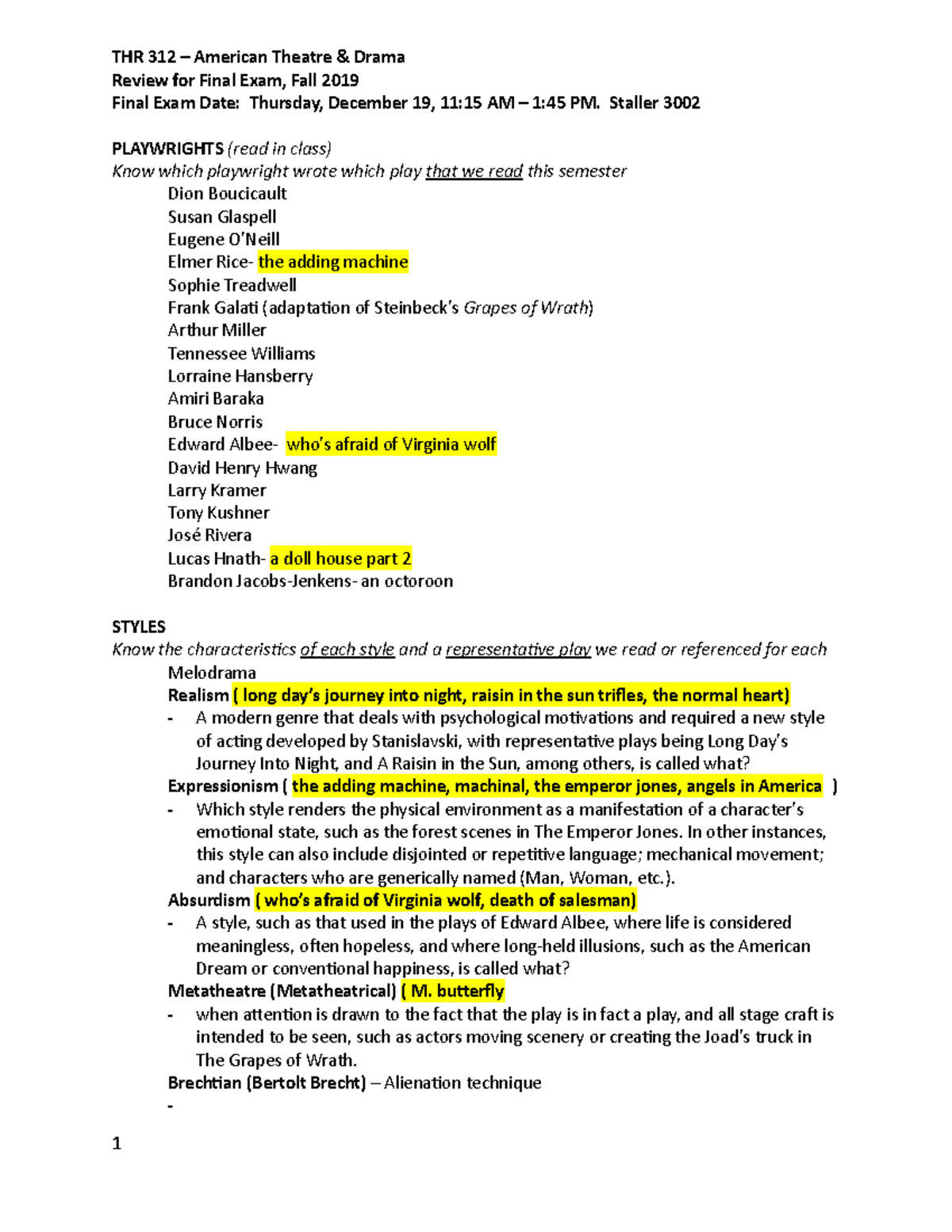 theater exam for last semester - THR 312 – American Theatre & Drama ...