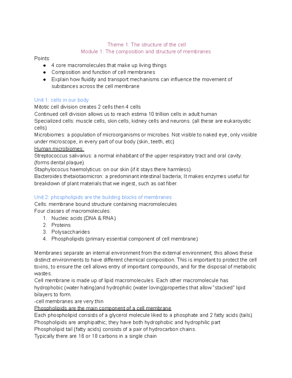 Theme 1module 1notes - Theme 1: The structure of the cell Module 1: The ...