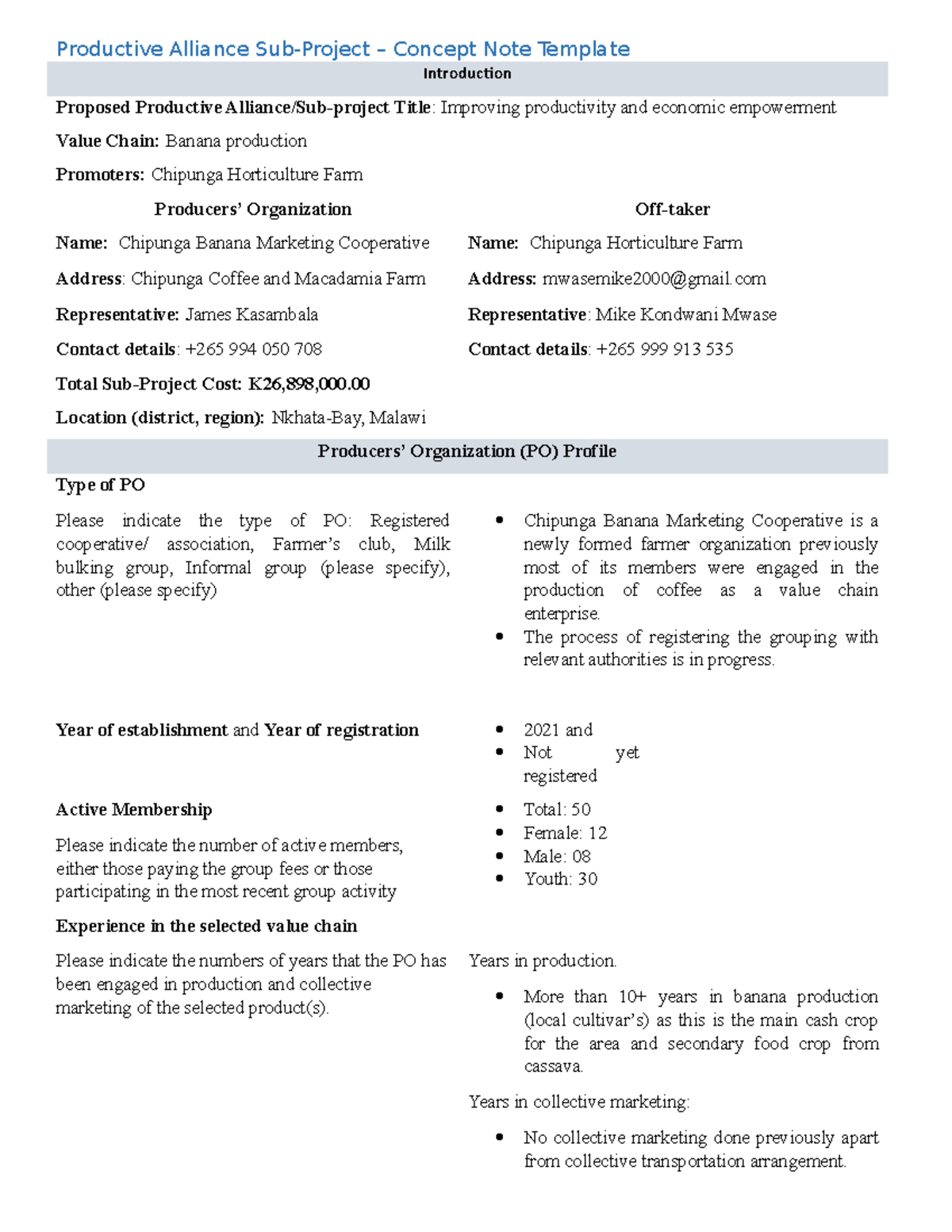 Concept Note Chipunga Banana Marketing Cooperative - Productive ...