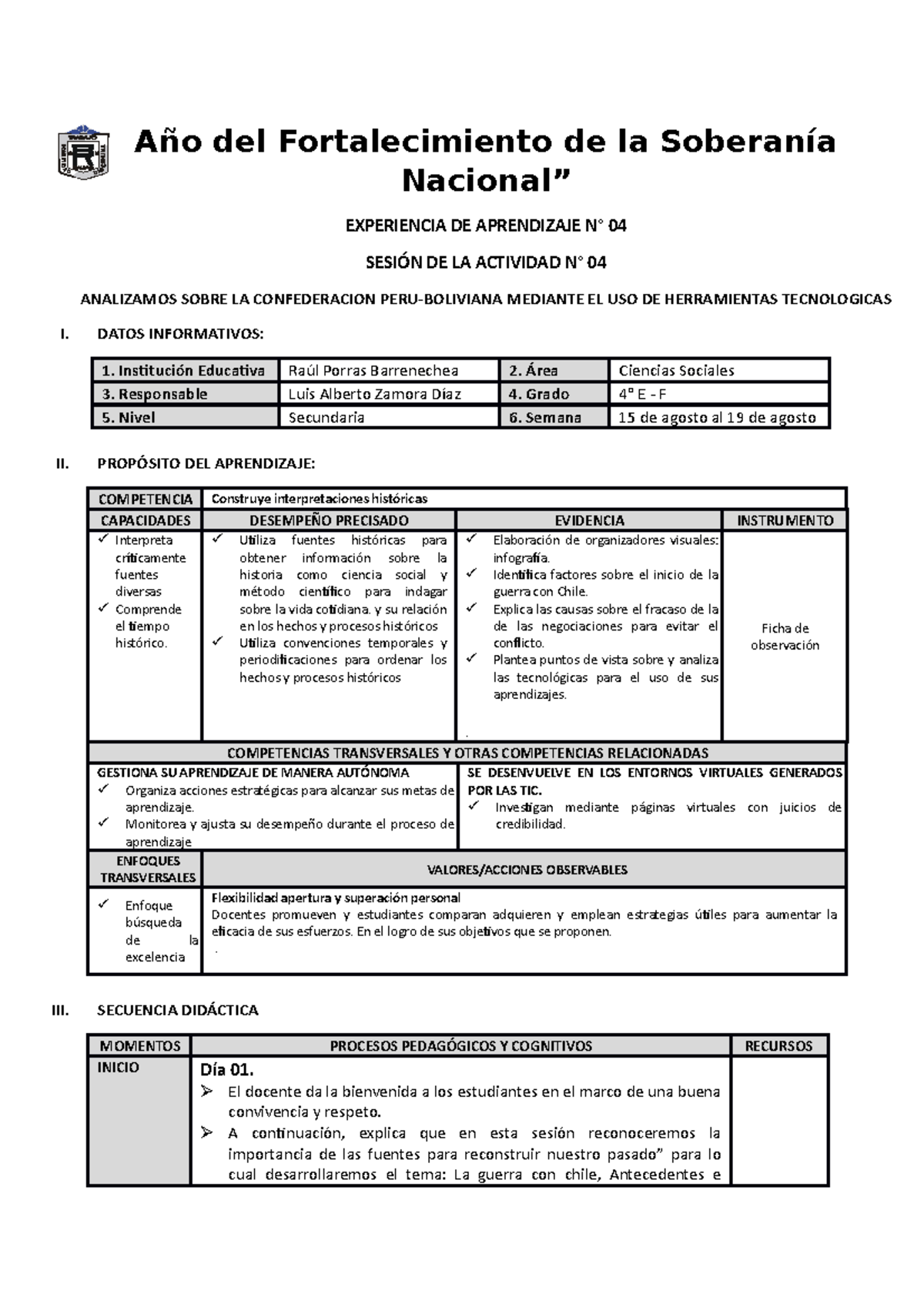 Sesión DE Aprendizaje N°4 CCSS 4° AÑO Guerra CON Chile - Año del Fortalecimiento de la Soberanía ...