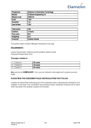 Software Engineering 1A Test Memo - Diploma: Information Technology ...
