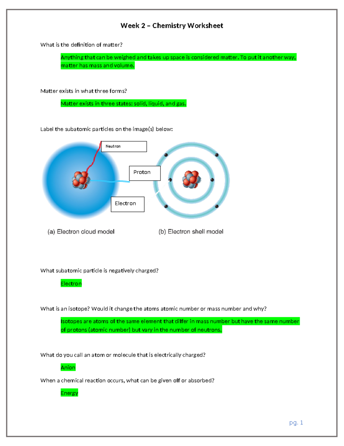BIOS251 Week 2 Chemistry Worksheet Completed - What is the definition ...