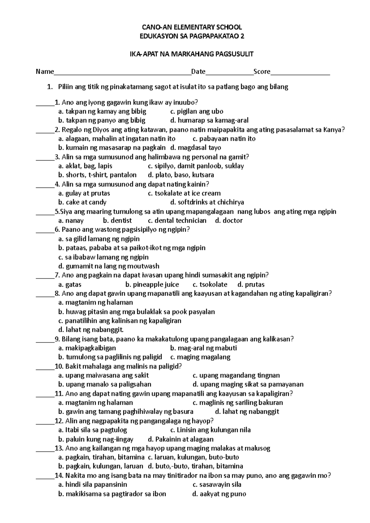 4TH Quarter TEST ESP - CANO-AN ELEMENTARY SCHOOL EDUKASYON SA ...