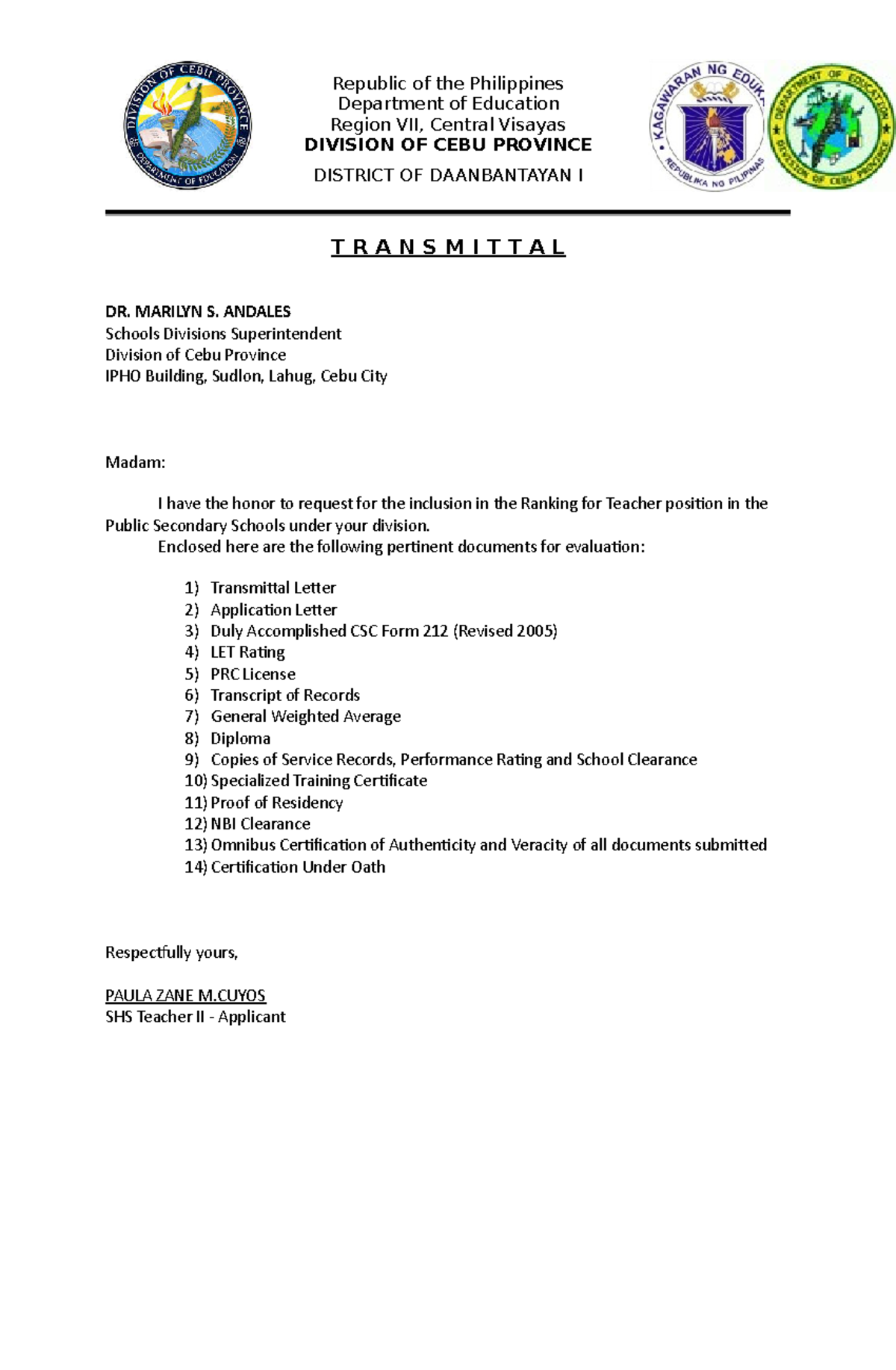 TransmittalCopy - Republic of the Philippines Department of Education ...