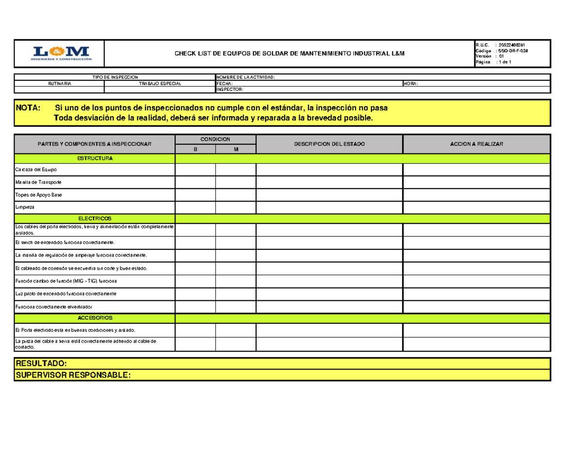 INFORME DE CHECK LIST - B M La pinza del cable a tierra está ...