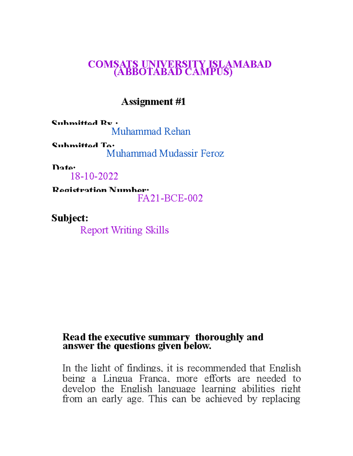 RWS 1 - This is the first assignment of Report writing Hum102 - COMSATS ...