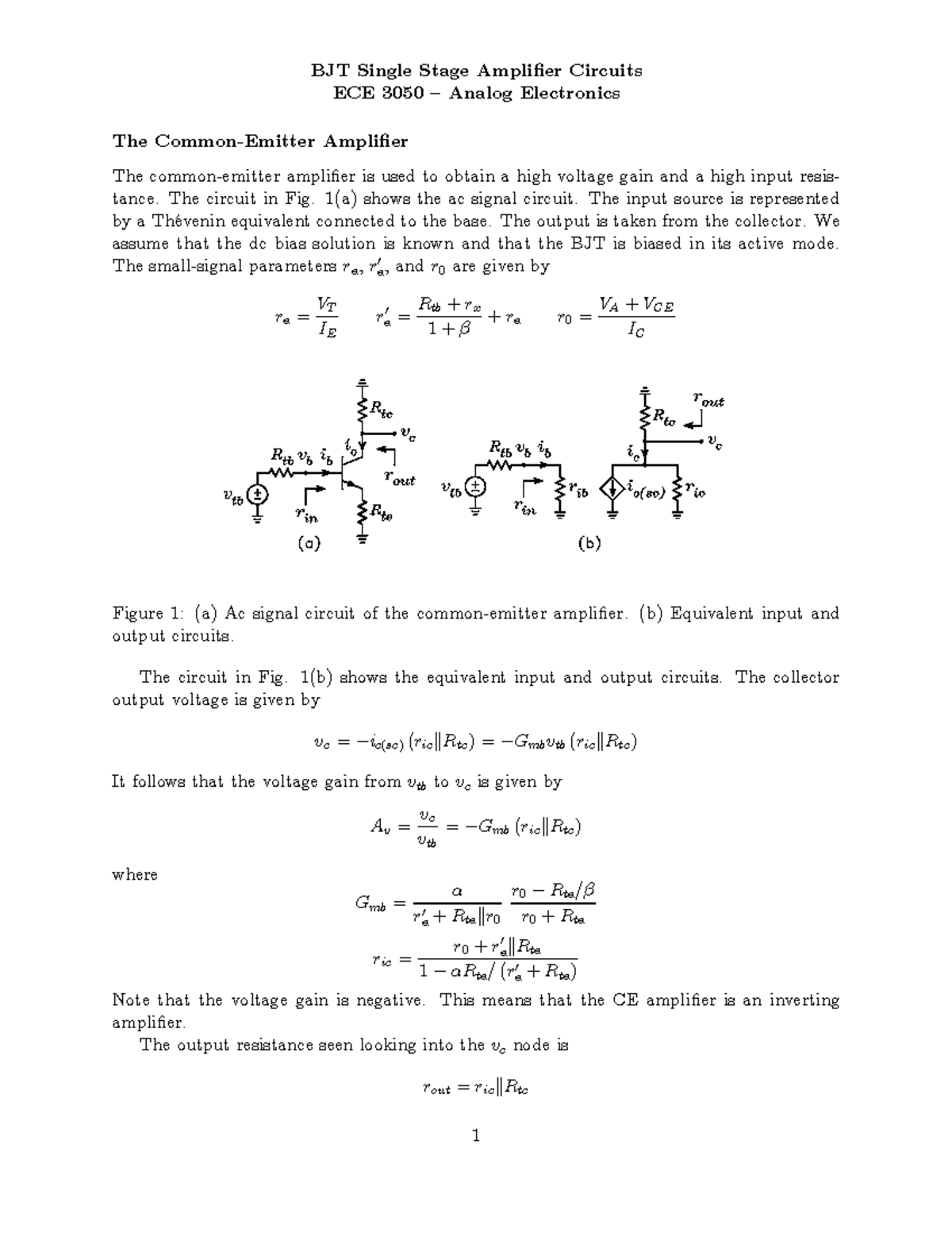 Bjt single stage amplifier circuits - BJT Single Stage Amplifier Circuits ECE 3050 Analog - Studocu