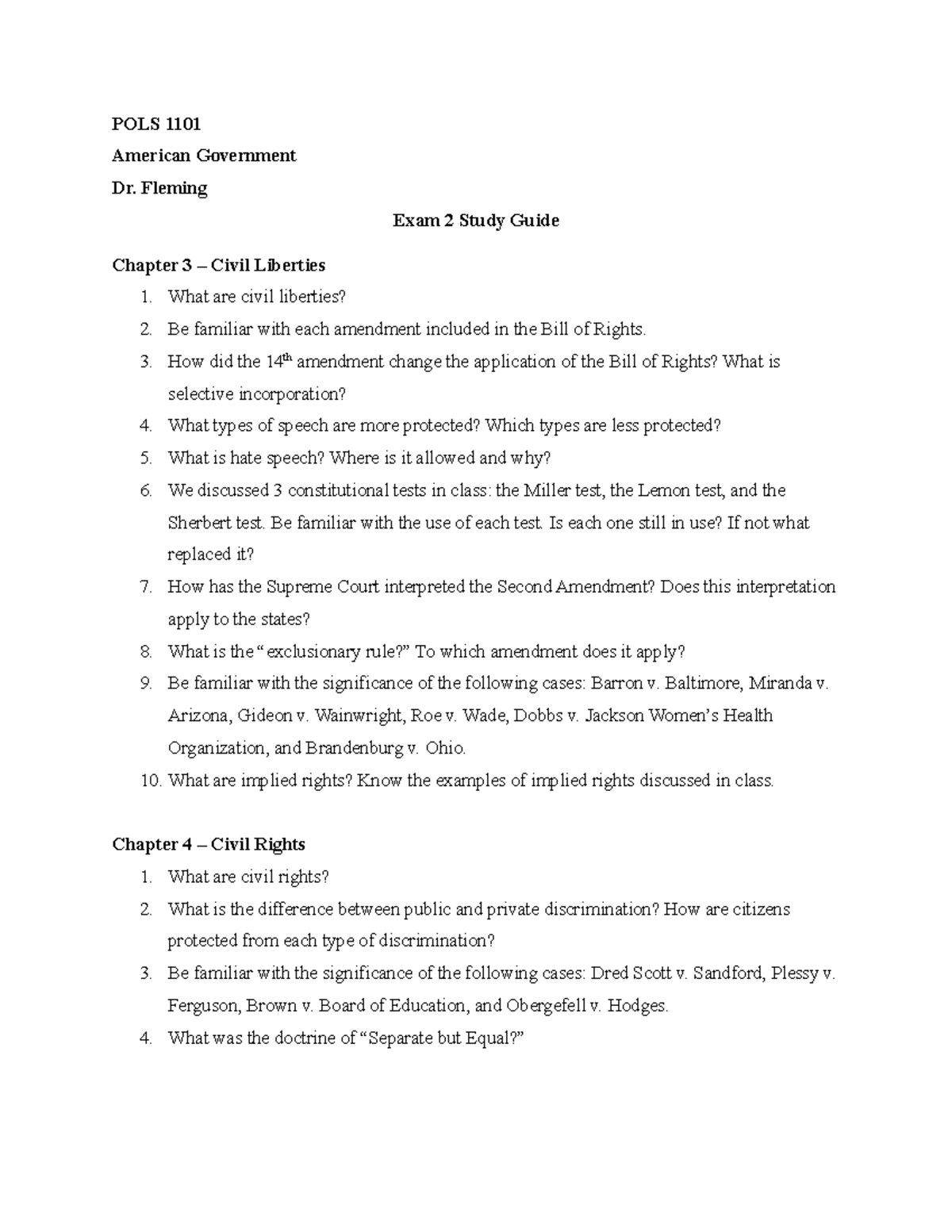 1101 Exam 2 Study Guide - POLS 1101 American Government Dr. Fleming ...