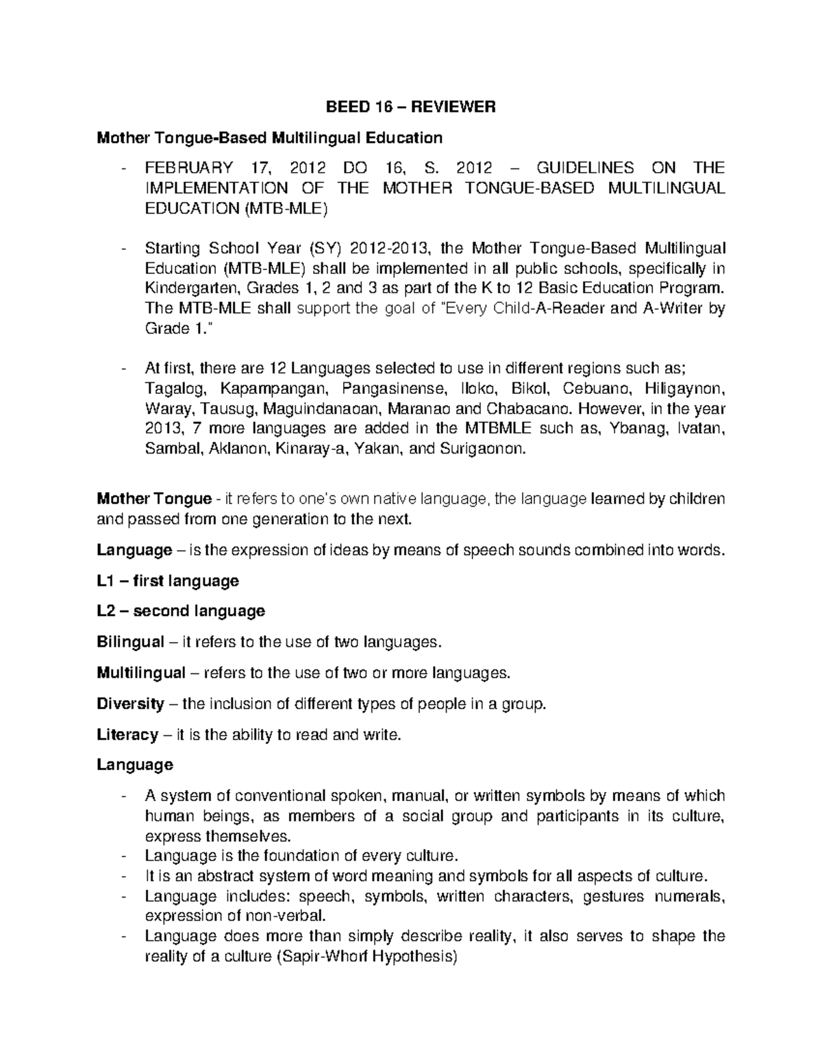 BEED 16 - Reviewer (1ST QUIZ) - BEED 16 – REVIEWER Mother Tongue-Based ...