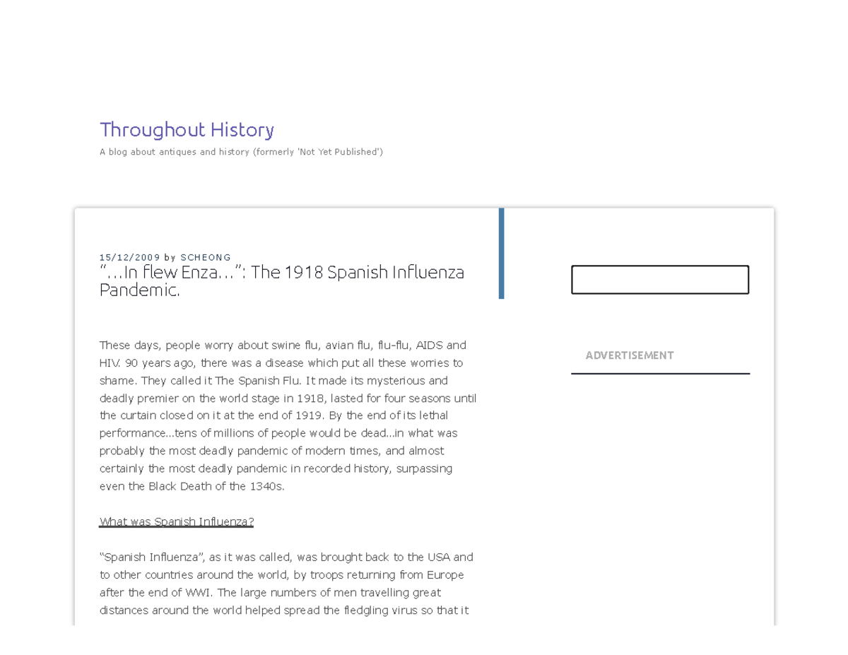 In flew Enza…” The 1918 Spanish Influenza Pandemic. Throughout History ...