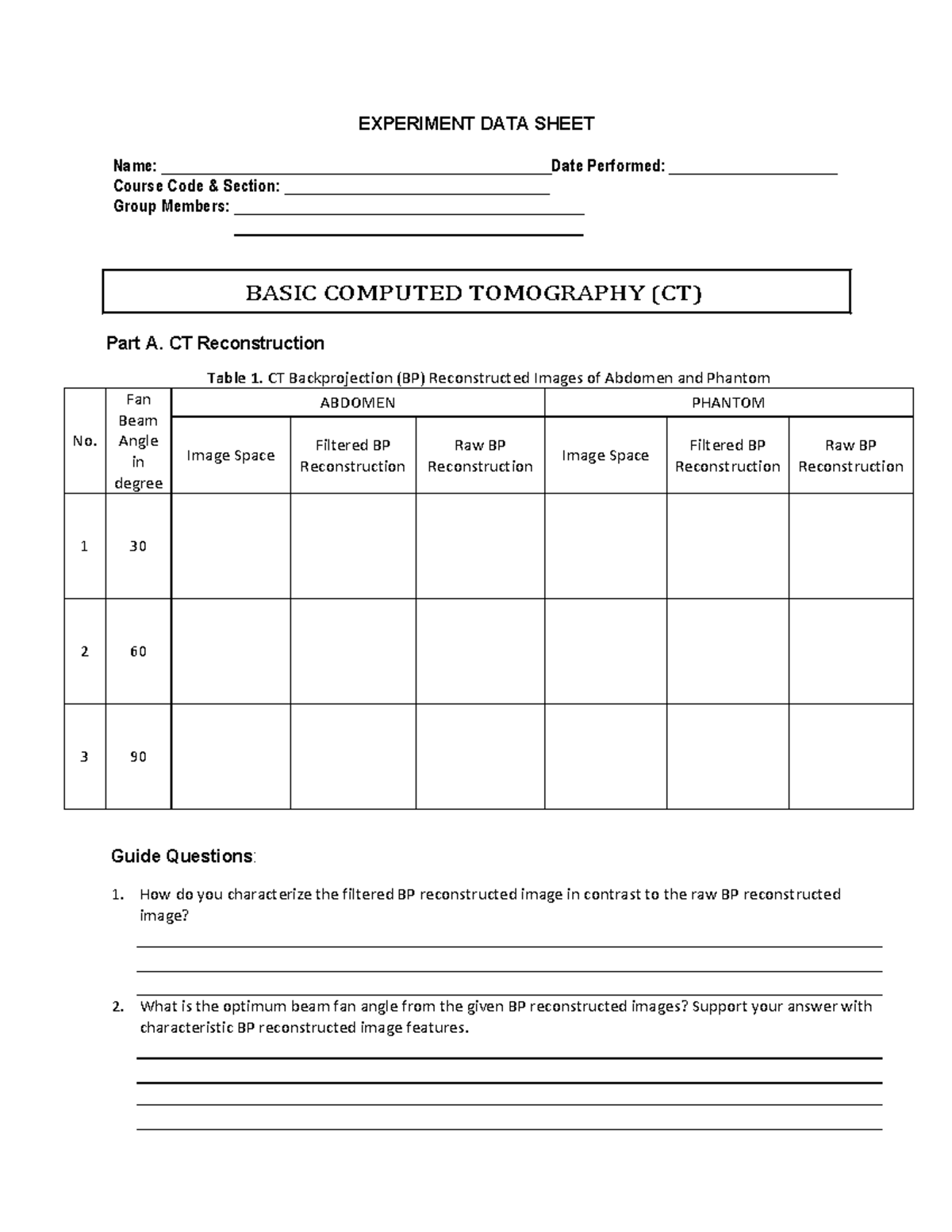 Laboratory Worksheet #2 Basic Computed Tomography - EXPERIMENT DATA ...