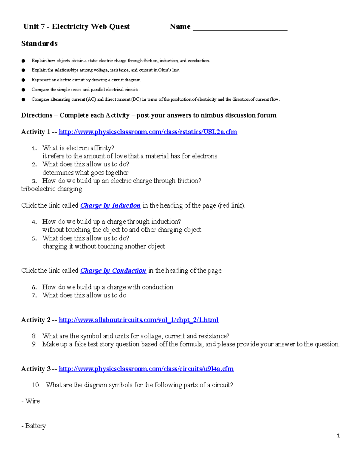 Copy of Electricity Web Quest - Unit 7 - Electricity Web Quest Name