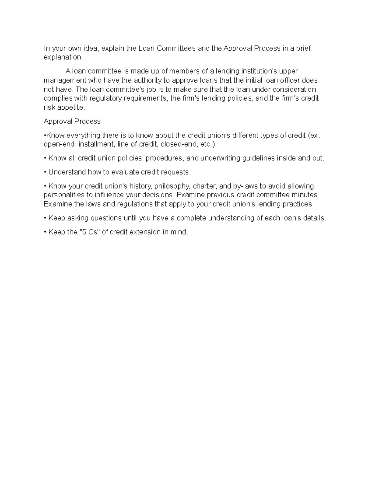 Loan committee -FME - In your own idea, explain the Loan Committees and ...