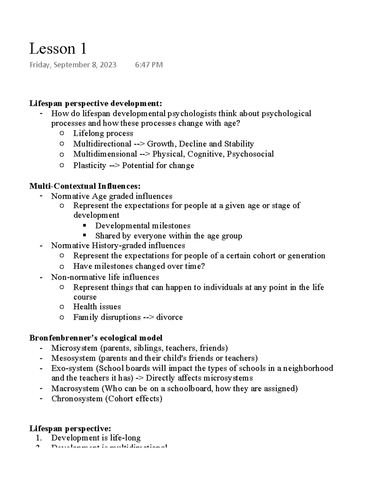 Lesson 1 - Psyc 333 - Lifespan perspective development: How do lifespan ...