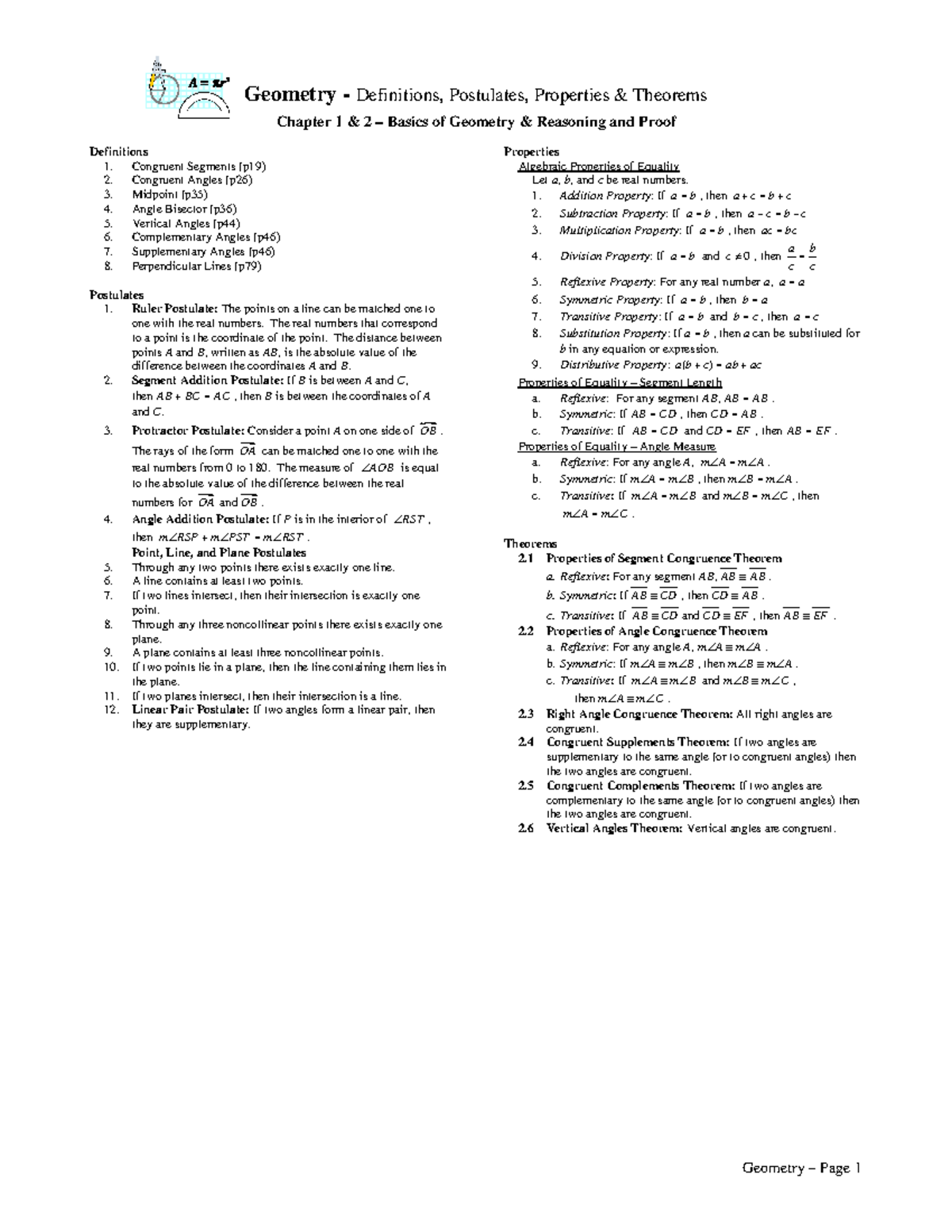 Geometry Theorems And Postulates Chapter 1 And 2 Basics Of Geometry And Reasoning And Proof