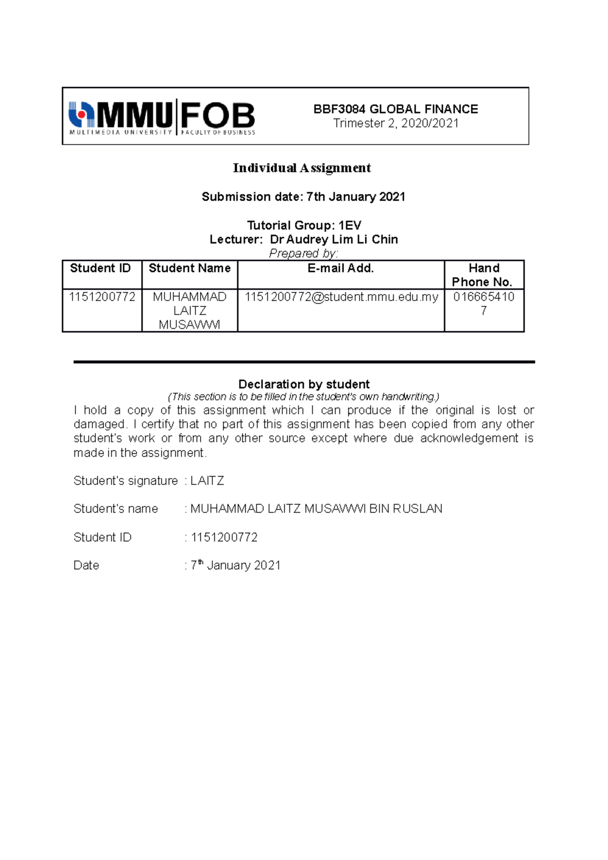 11512007 72 global finance - BBF3084 GLOBAL FINANCE Trimester 2, 2020/ Individual Assignment ...