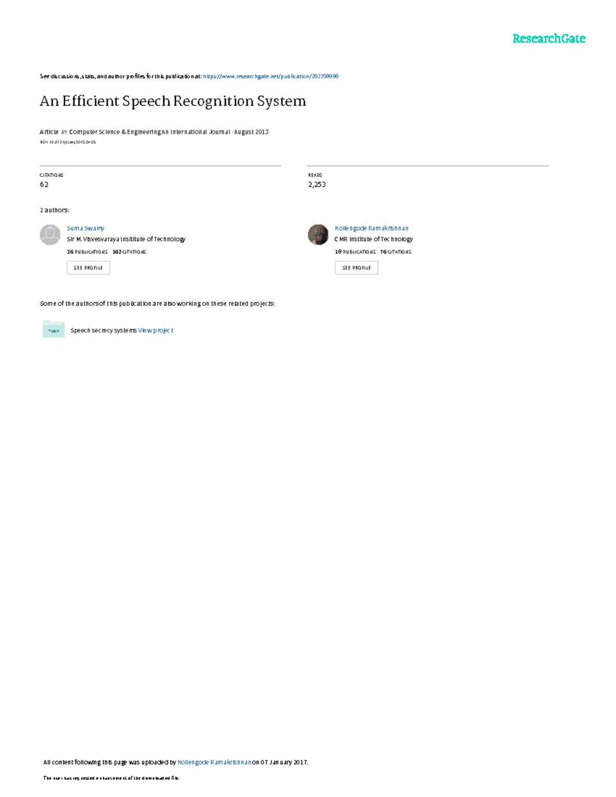 An Efficient Speech Recognition System See Discussions Stats And Author Profiles For This