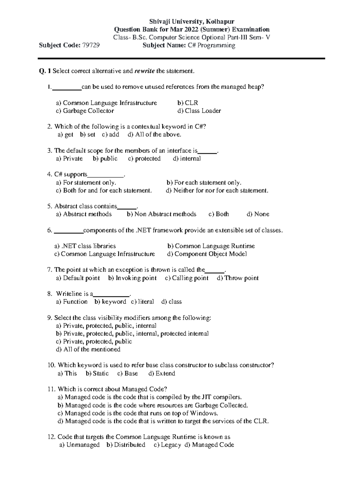 C#-programming - Shivaji University, Kolhapur Question Bank for Mar 2022 (Summer) Examination ...