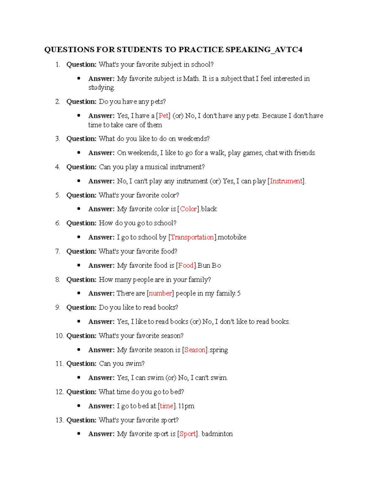 Questions FOR Students TO Practice Speaking AVTC4 QUESTIONS FOR