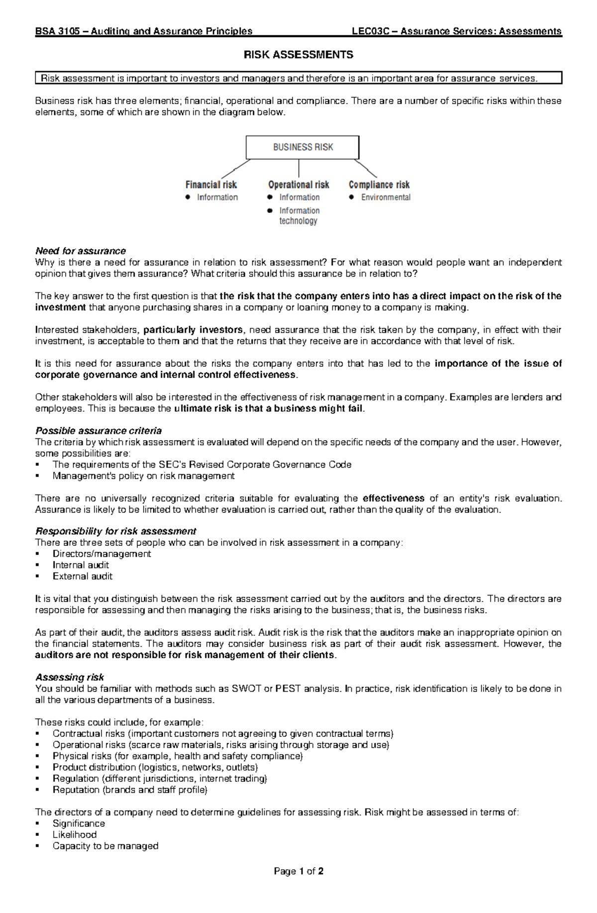 Assurance Services-Risk Assessments - BSA 3105 – Auditing and Assurance ...