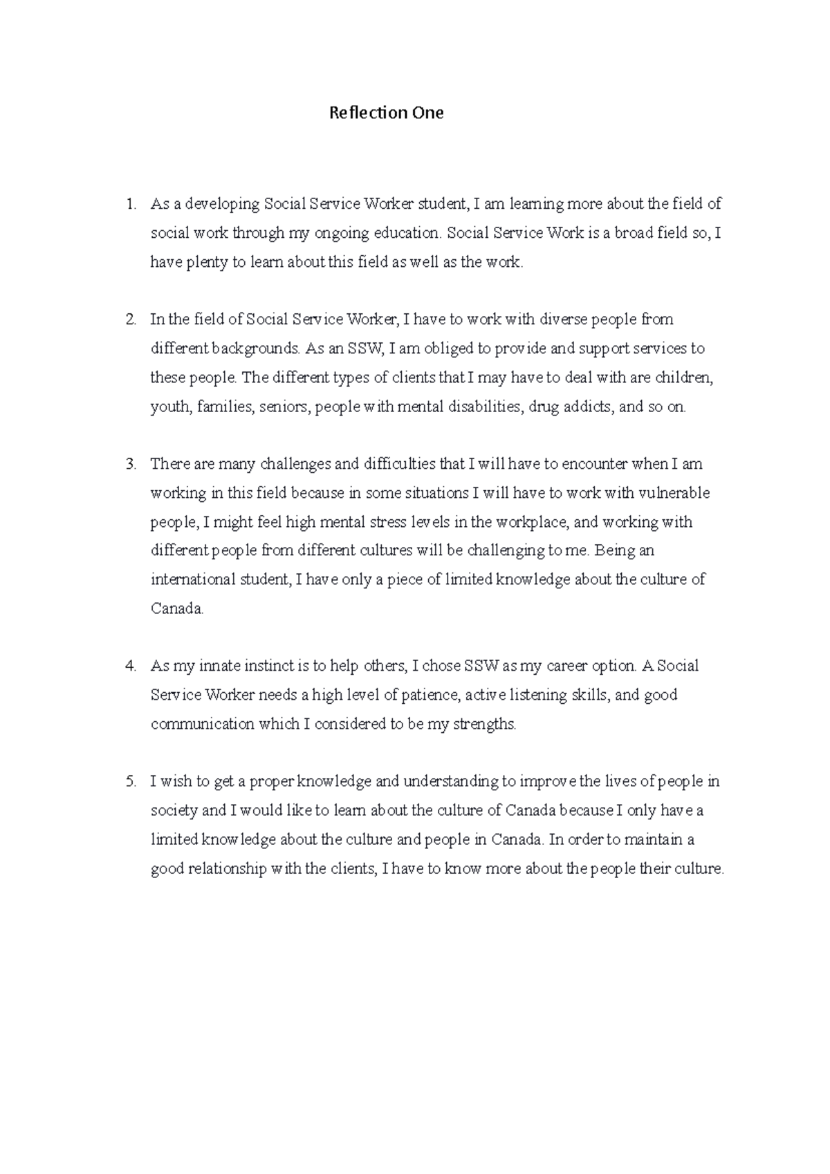 Reflection One - Reflection One As a developing Social Service Worker ...
