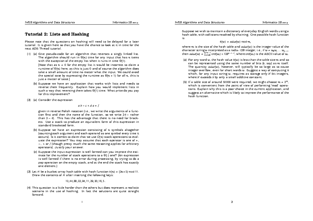 Tutorial 02 Lists And Hashing Questions Inf2b Algorithms And Data Structures Informatics
