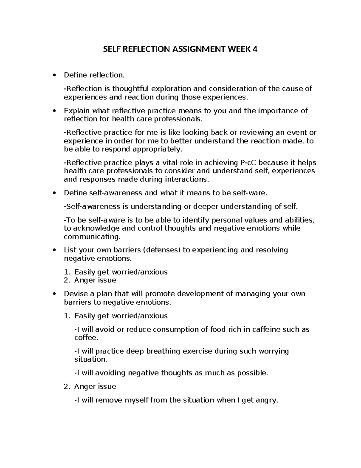 SELF Reflection Assignment - SELF REFLECTION ASSIGNMENT WEEK 4 Define ...