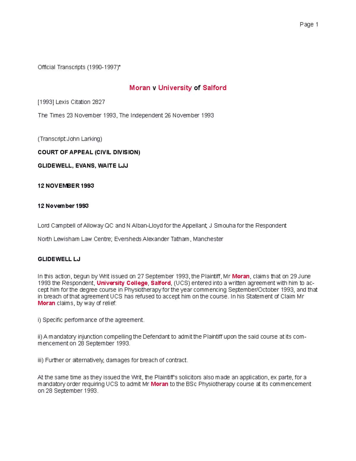 Moran v University of Salford - Official Transcripts (1990-1997)* Moran ...