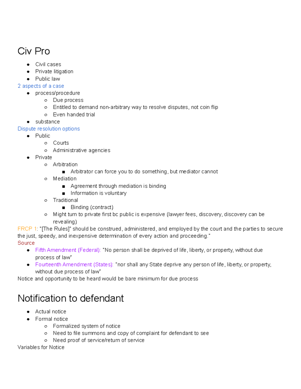 Civ pro long outline - study guide for entire courtse - Civ Pro Civil cases Private litigation ...