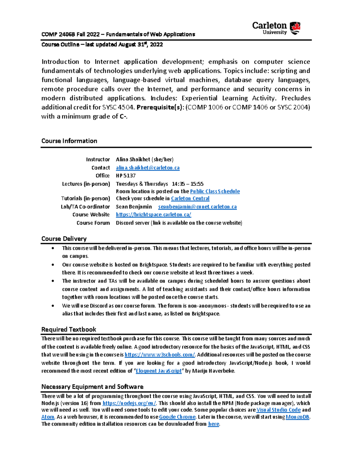 COMP2406-F22-Course Outline - Course Outline – last updated August 31 ...