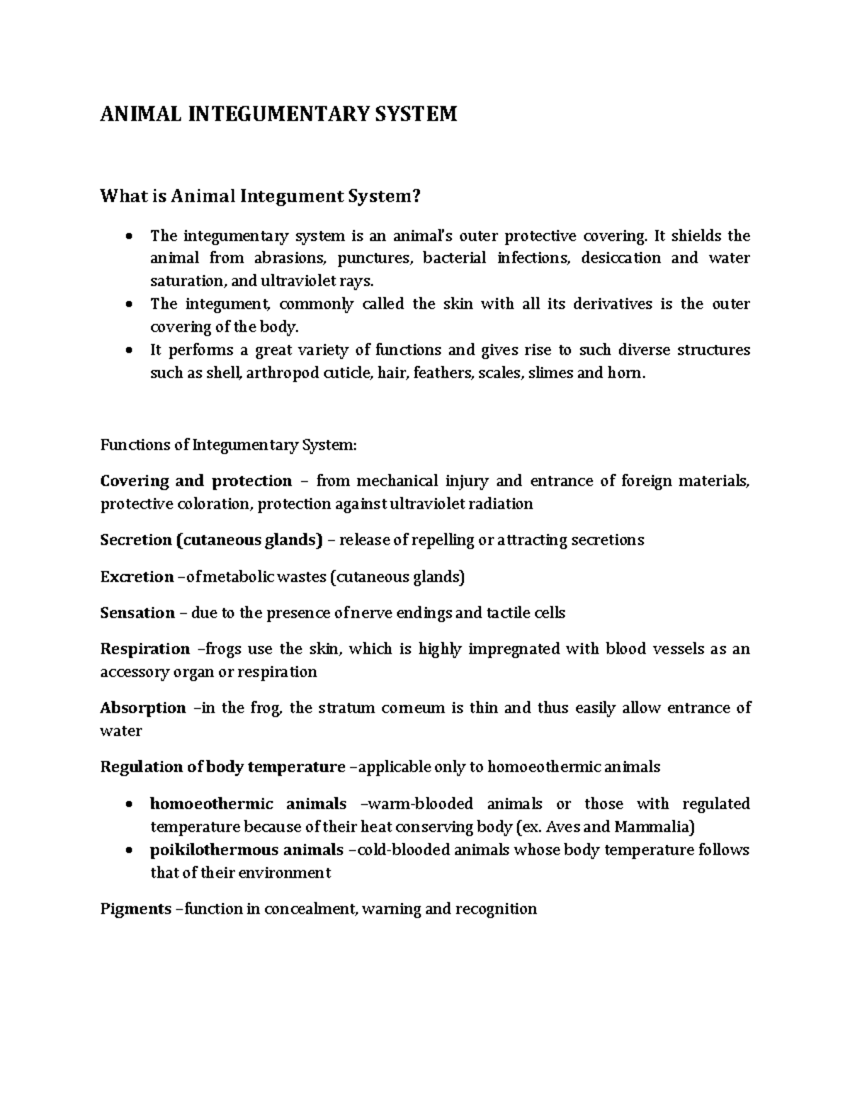 Animal Integumentary System - BS Biology - WMSU - Studocu