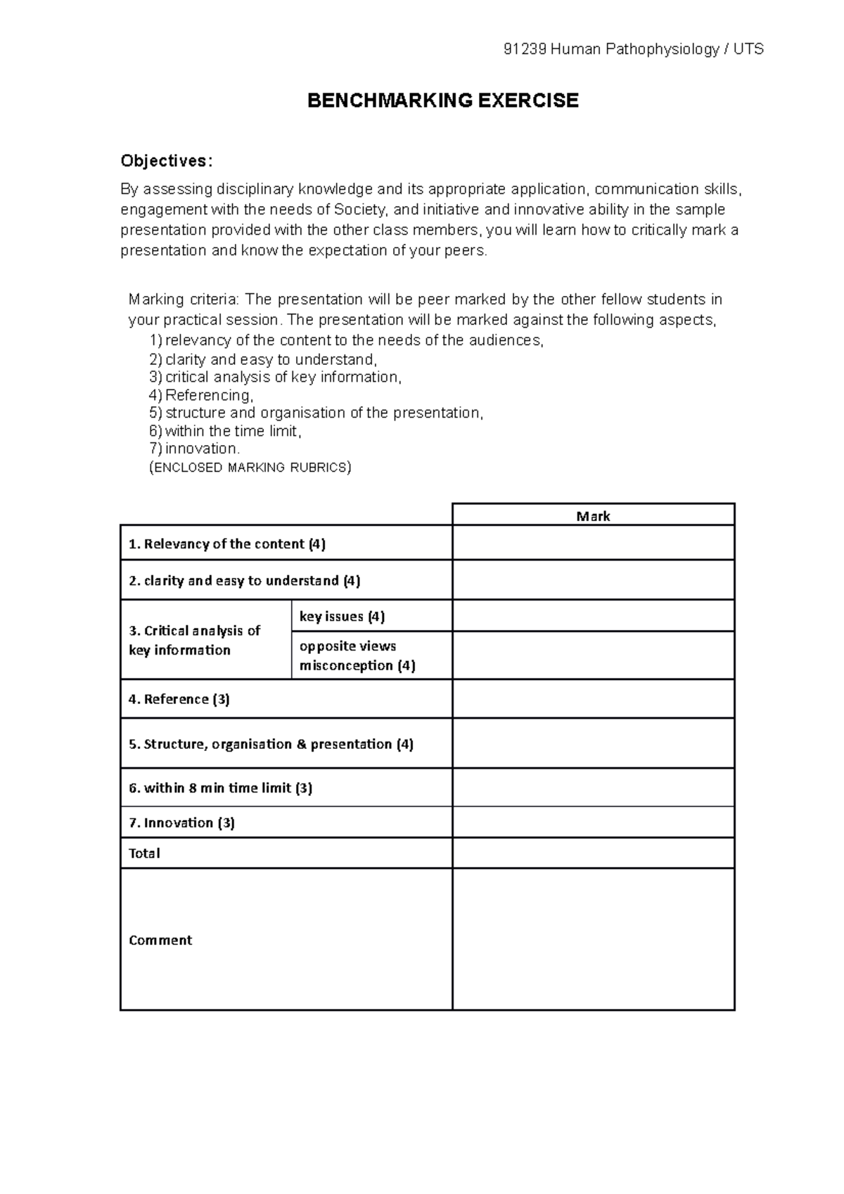 Week 3 - Benchmarking Exercise - BENCHMARKING EXERCISE Objectives: By ...