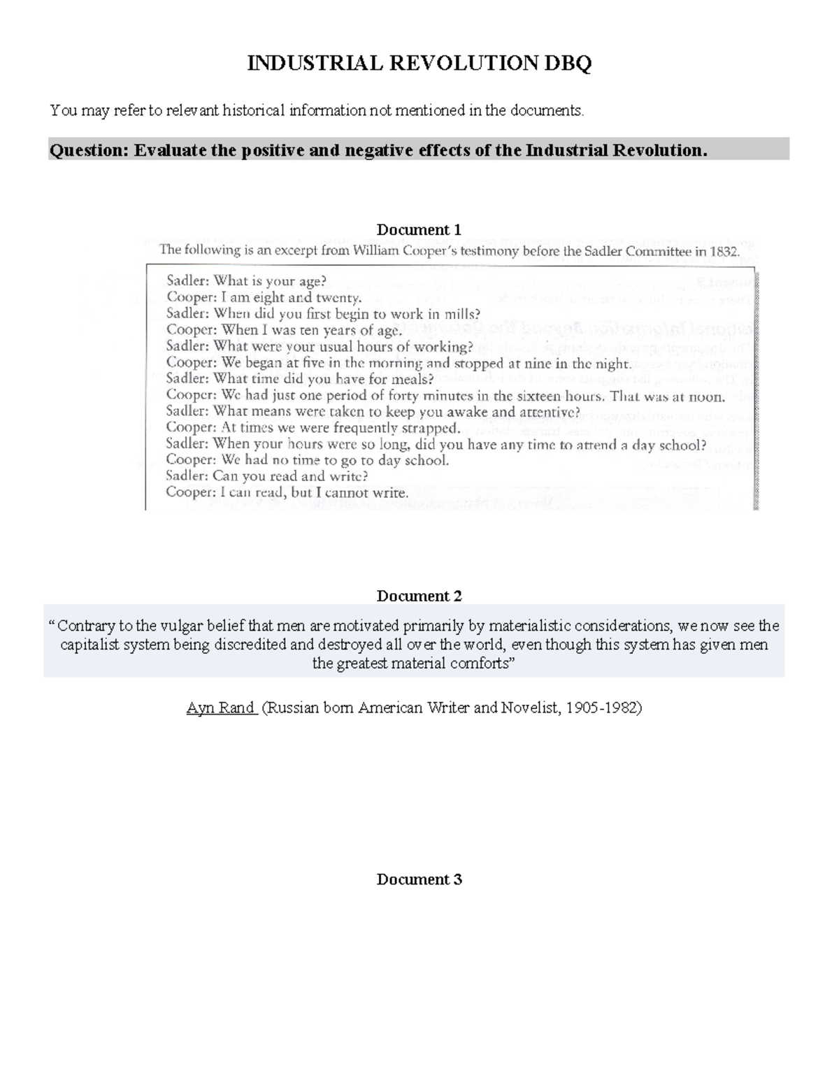 Industrial Revolution DBQ - INDUSTRIAL REVOLUTION DBQ You may refer to ...