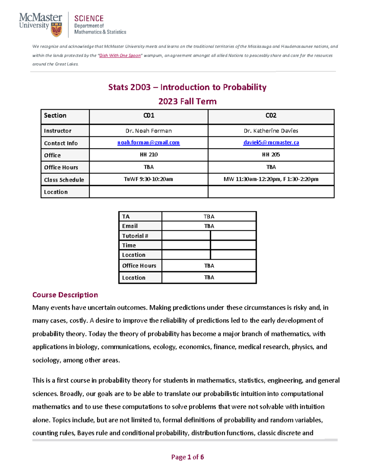 Stats 2D03 - We recognize and acknowledge that McMaster University ...