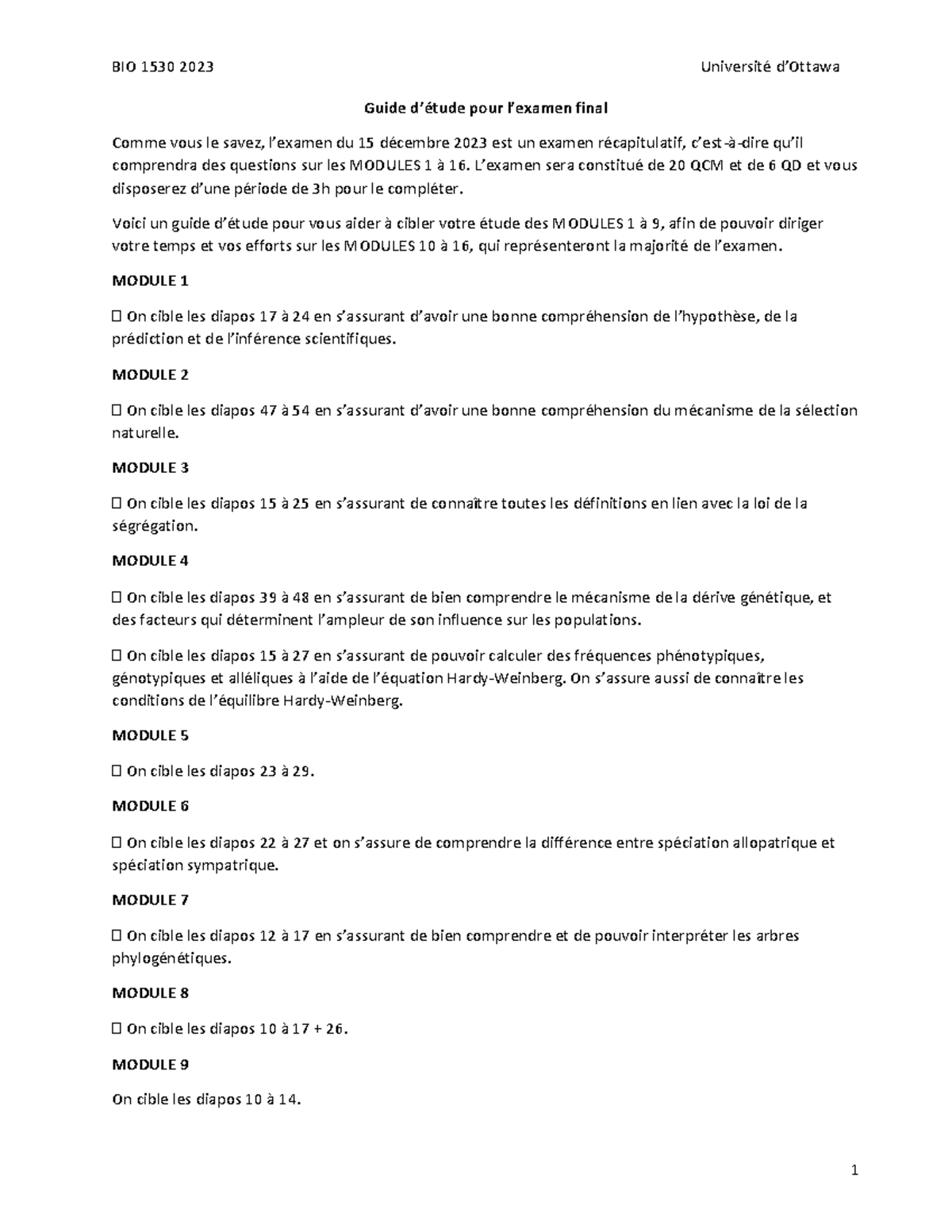 BIO 1530 Guide d'étude examen final 2023 - BIO 1530 202 3 Université d’Ottawa 1 Guide d’étude ...