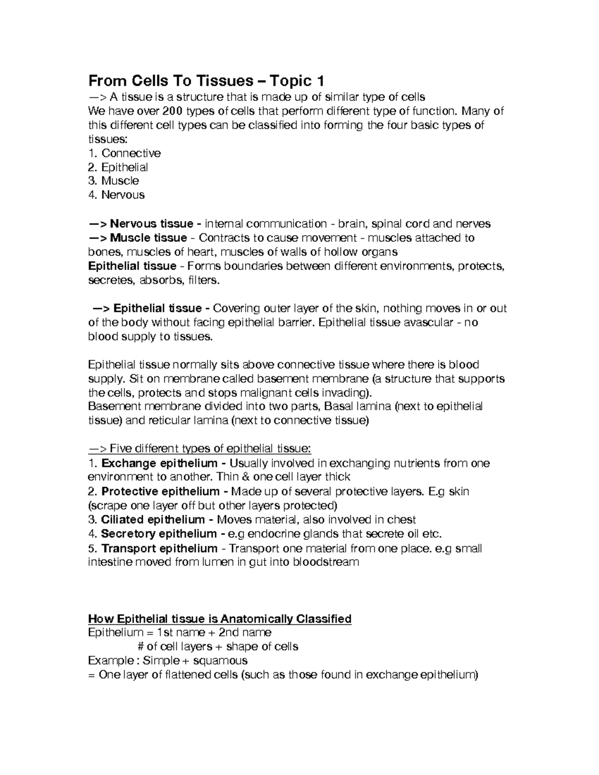 CTR Full Notes - From Cells To Tissues – Topic 1 —> A tissue is a ...