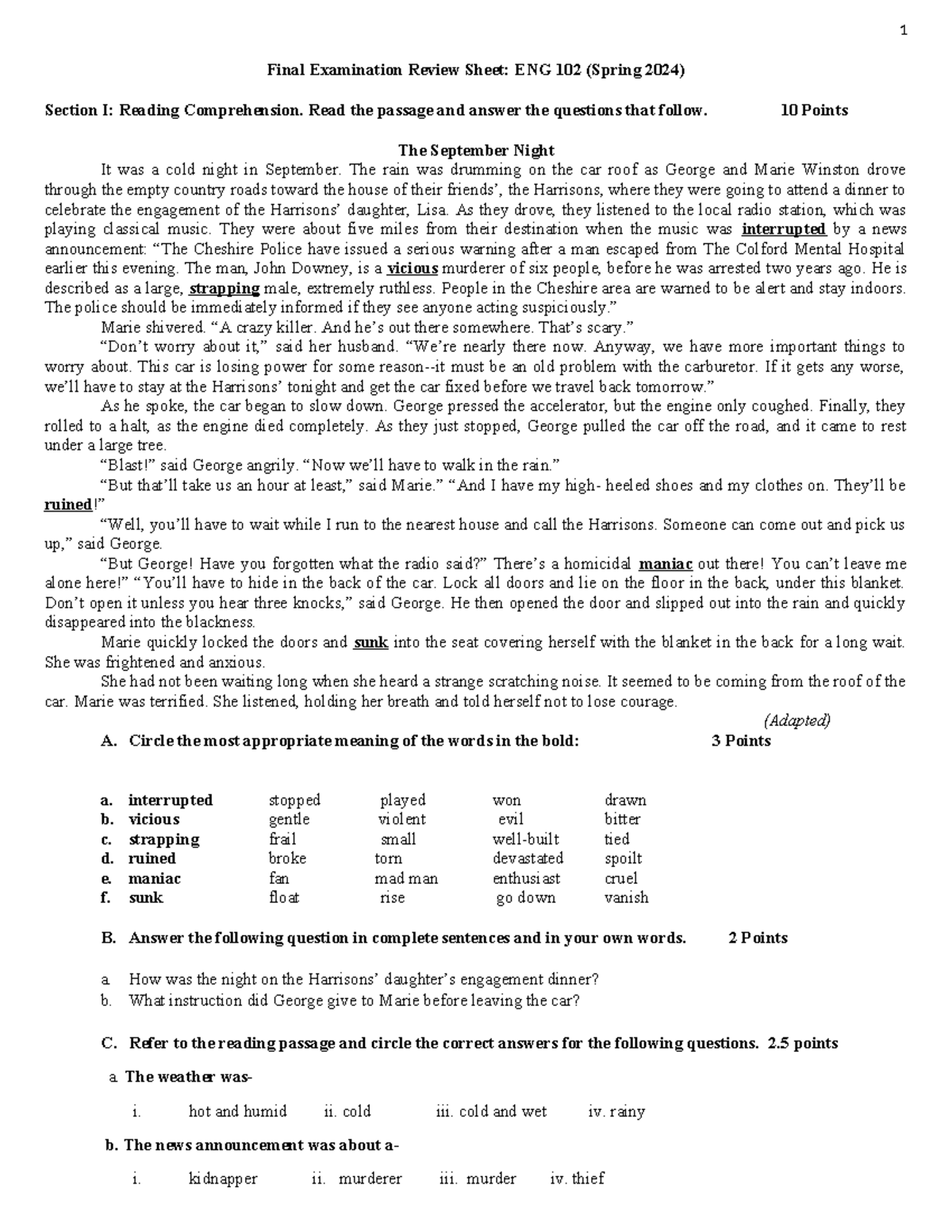 Final Exam Review Sheet Spring 24 ENG 102 (3) 51893945 - 1 Final ...