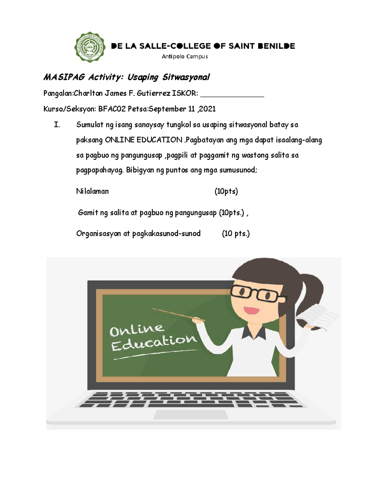 Masipag Activity - Pagsulat ng Usaping Sitwasyonal - College Algebra ...