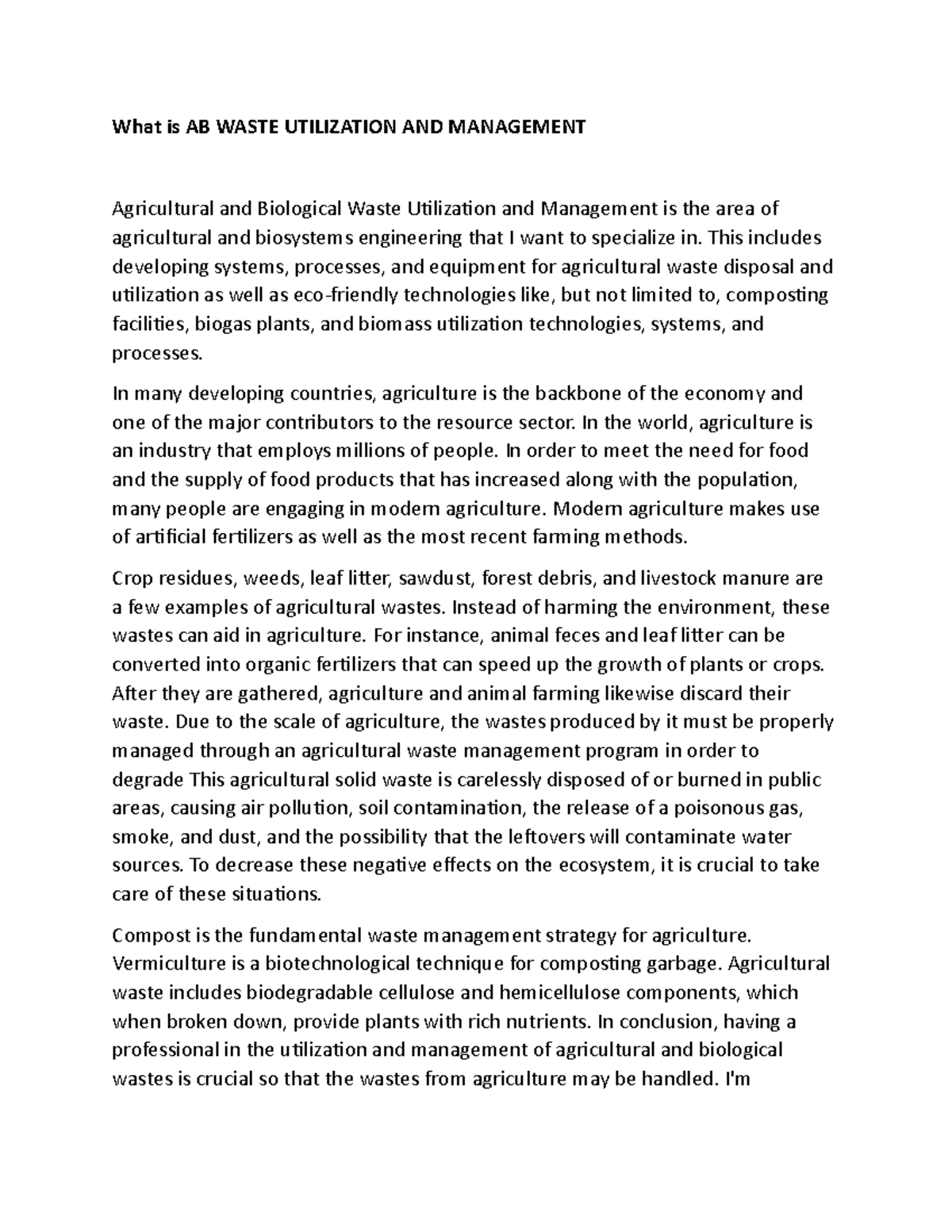 ABEN Essay - BSABE TARGET MAJOR - What is AB WASTE UTILIZATION AND ...