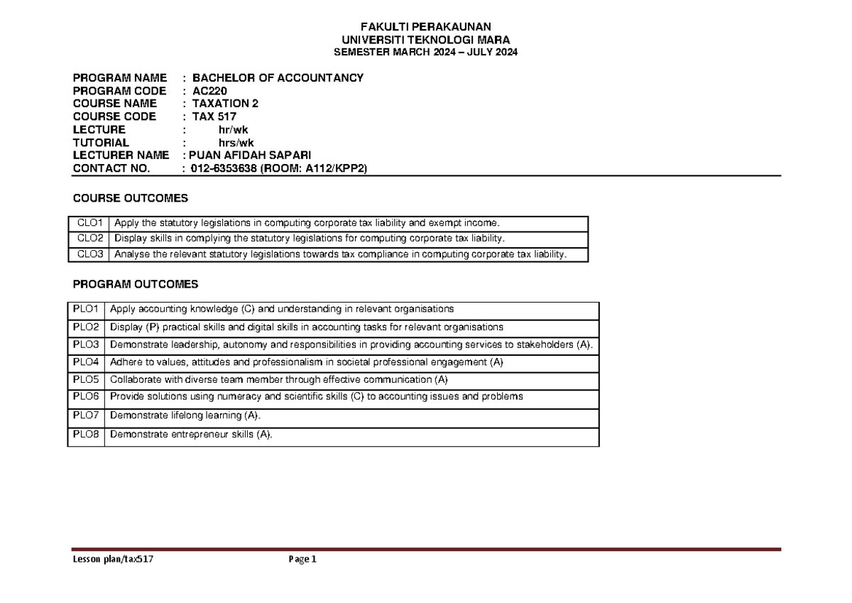 TAX517 Lesson PLAN (4) March 2024 Updated - FAKULTI PERAKAUNAN ...