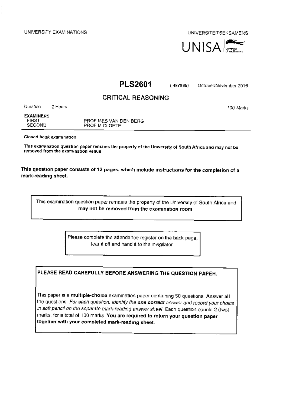 Oct Nov 2016 with answers - PLS2601 - Studocu