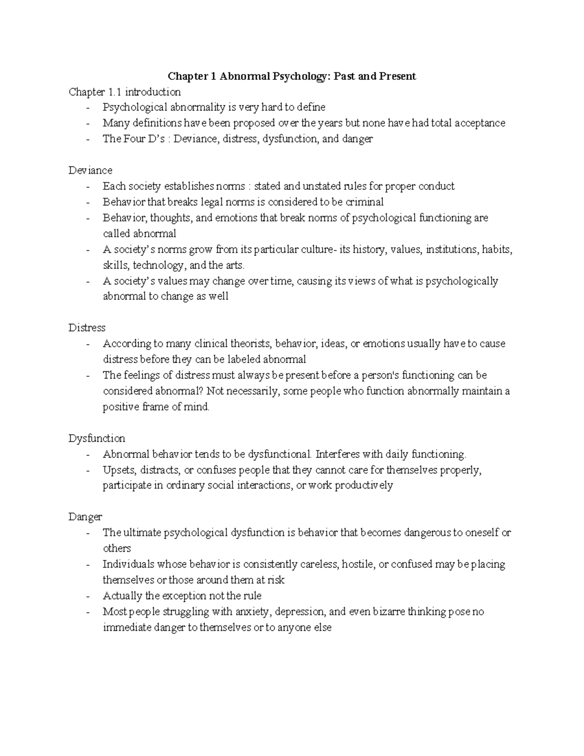 Ch 1 abnormal psych notes - Chapter 1 Abnormal Psychology: Past and ...