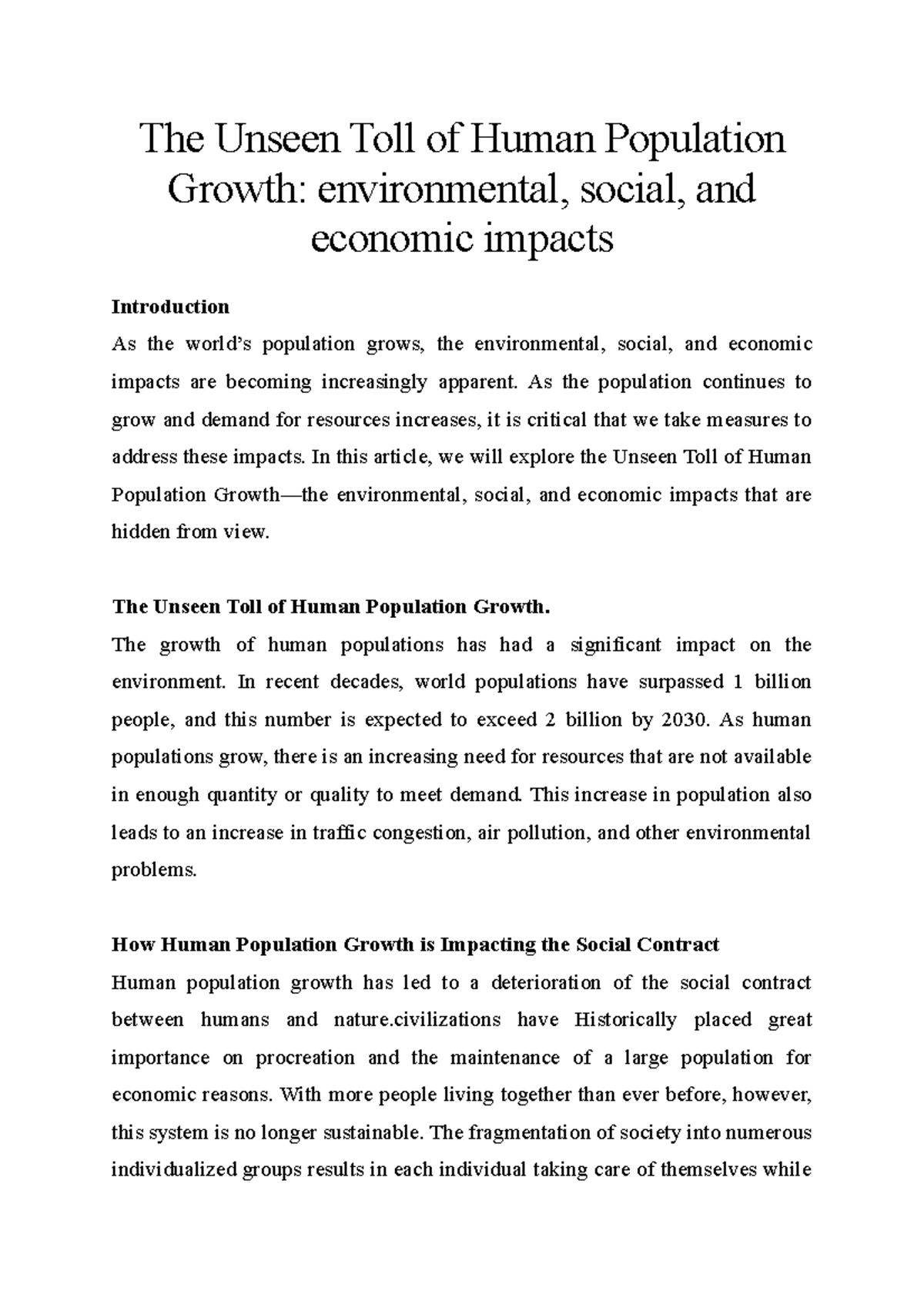 The Unseen Toll of Human Population Growth: environmental, social, and ...