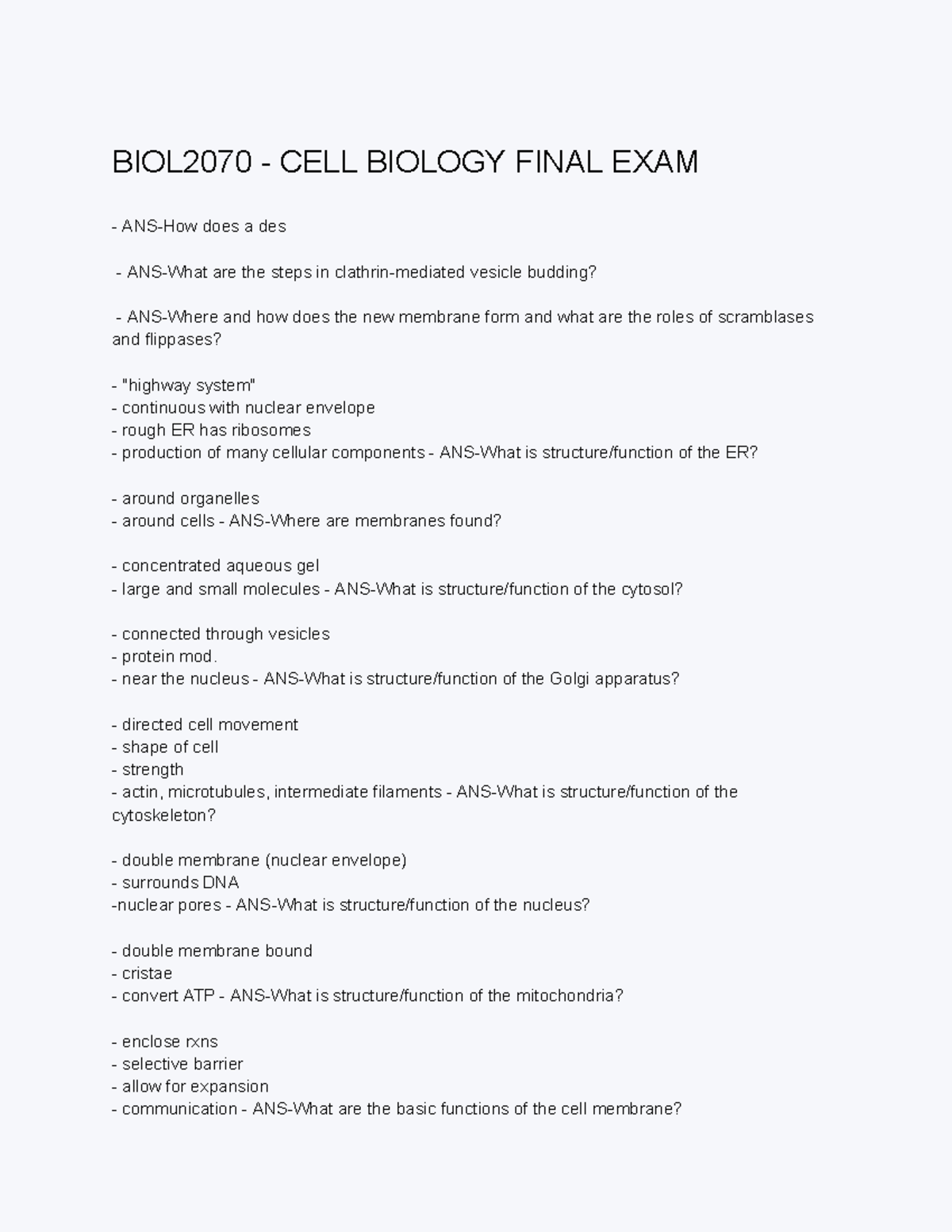BIOL2070 - CELL Biology Final EXAM - BIOL2070 - CELL BIOLOGY FINAL EXAM ...