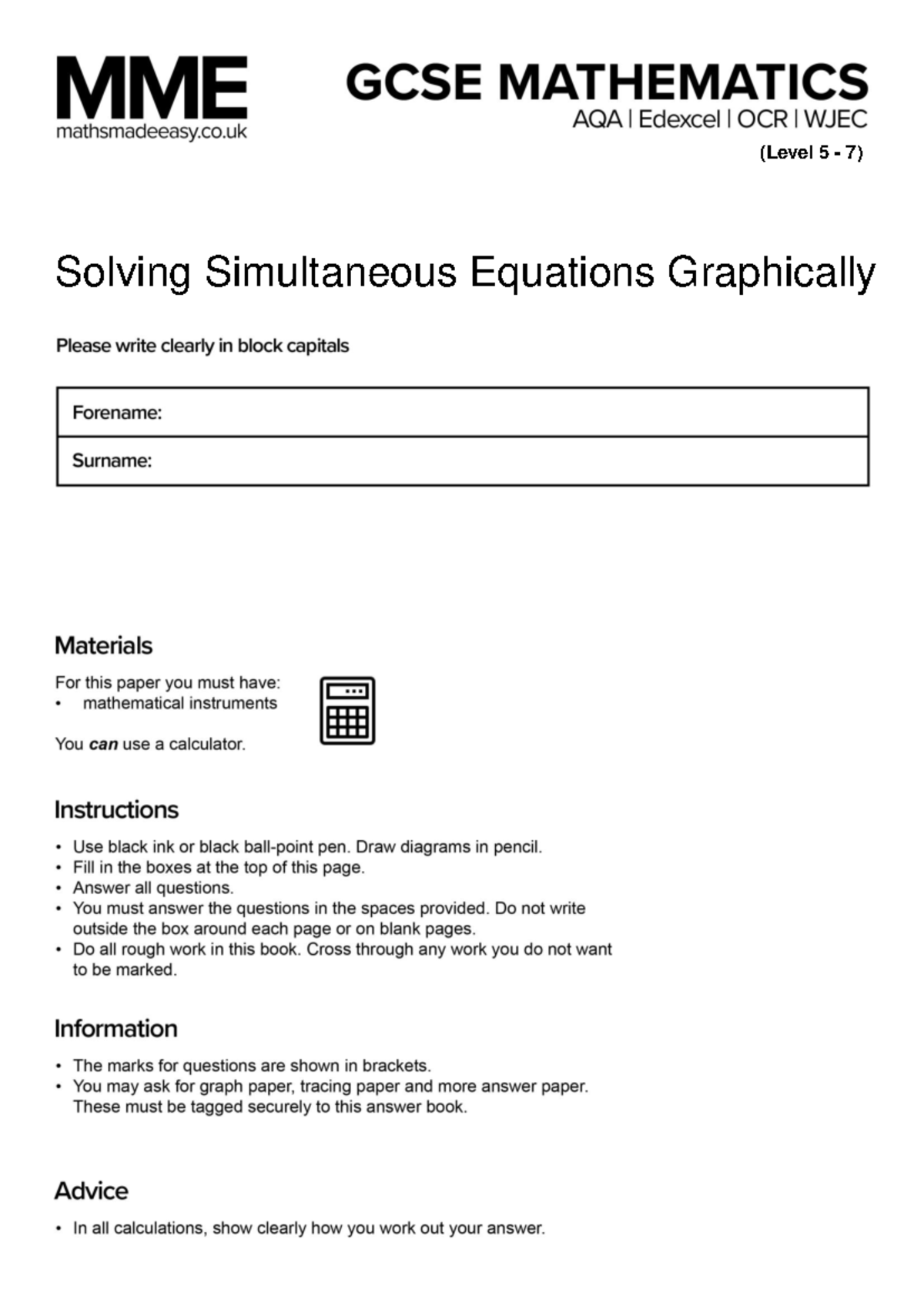 Solving Simultaneous Equations with Graphs Questions MME - Solving ...