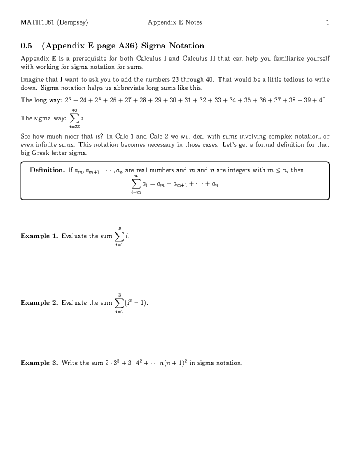 Appendix+E+-+Sigma+Notation 2 - 0 (Appendix E page A36) Sigma Notation Appendix E is a ...
